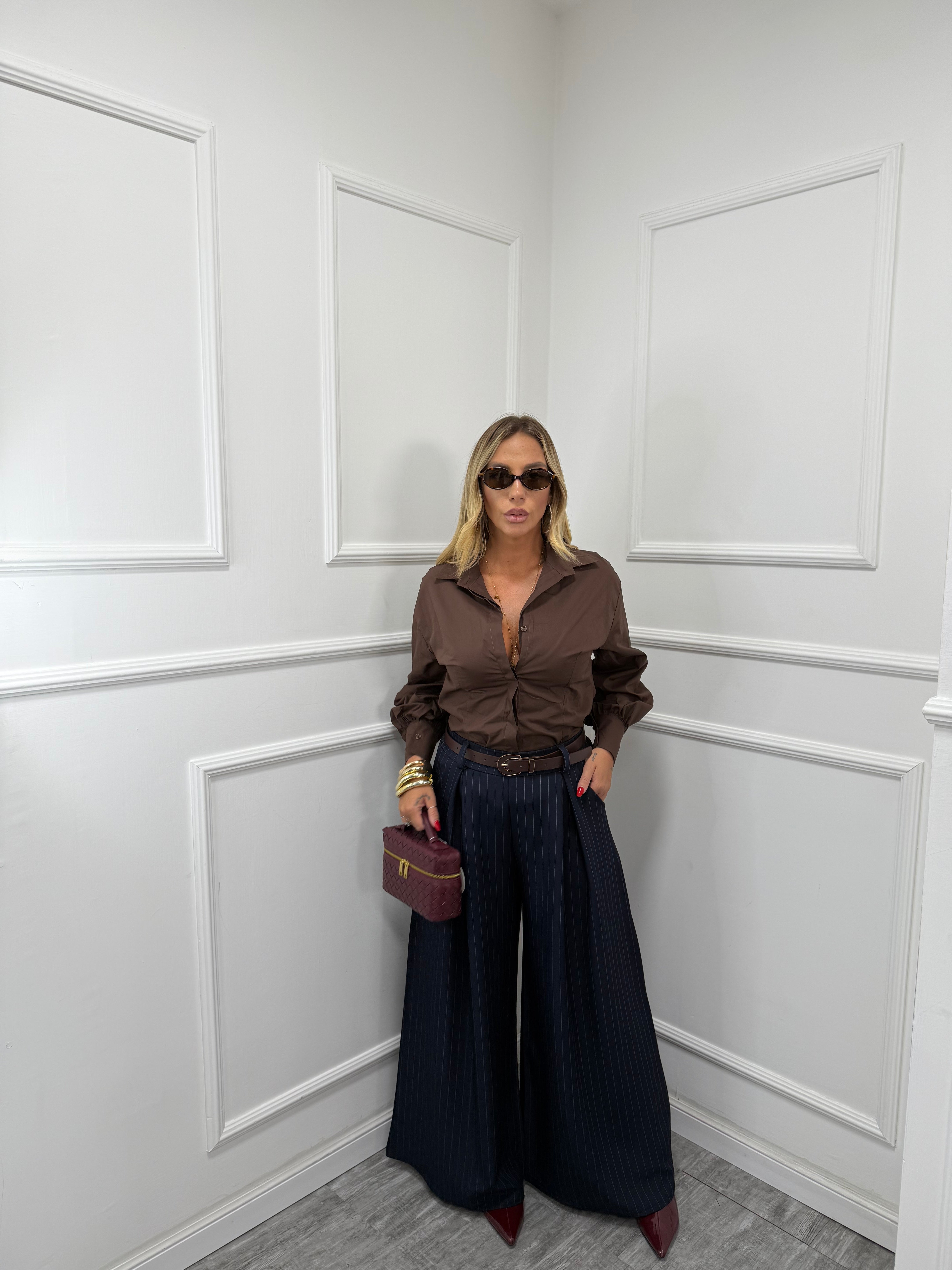 Pantaloni palazzo gessato Seattle blu notte 10226 – HELENE BOUTIQUE